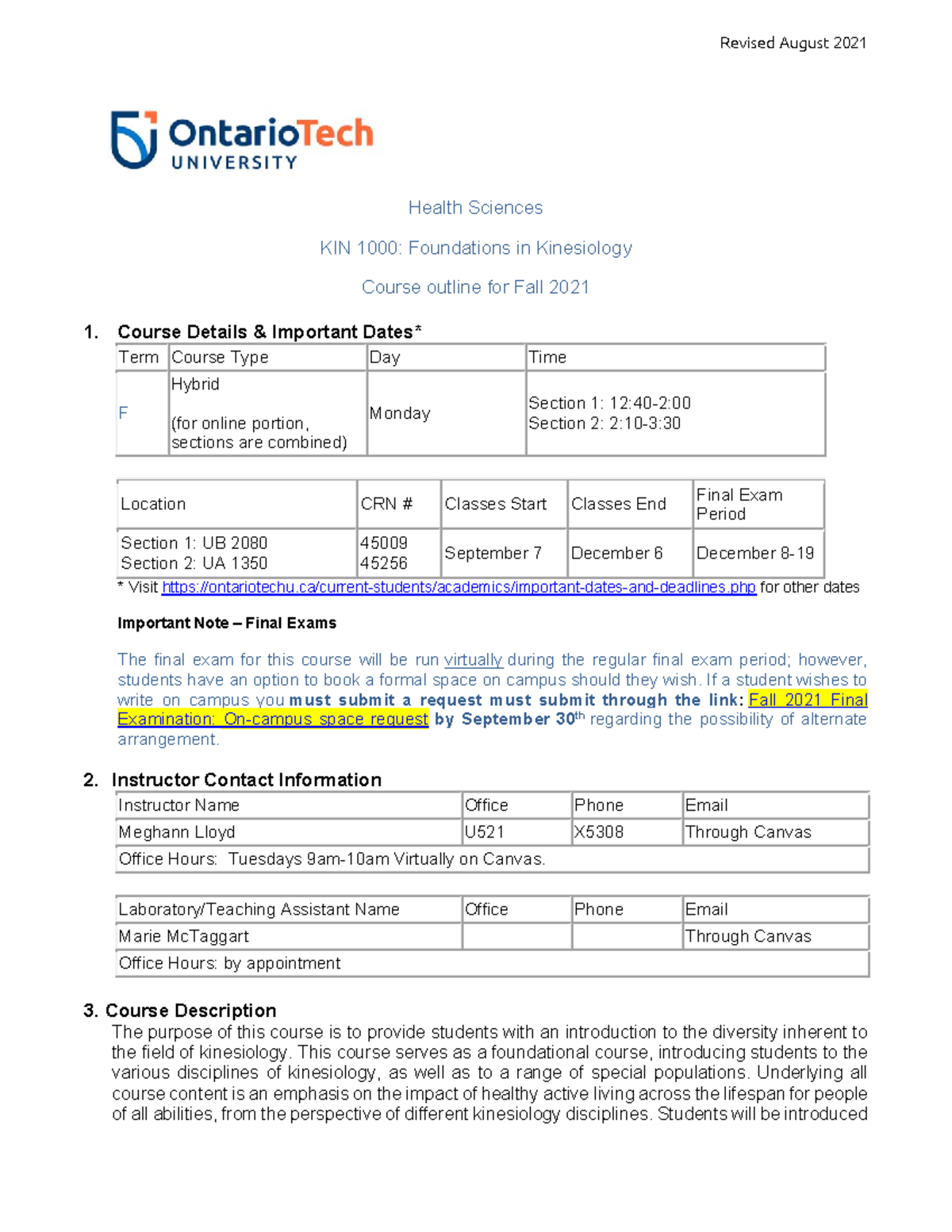 Course Outline KIN 1000 F2021 - Health Sciences KIN 1000: Foundations ...