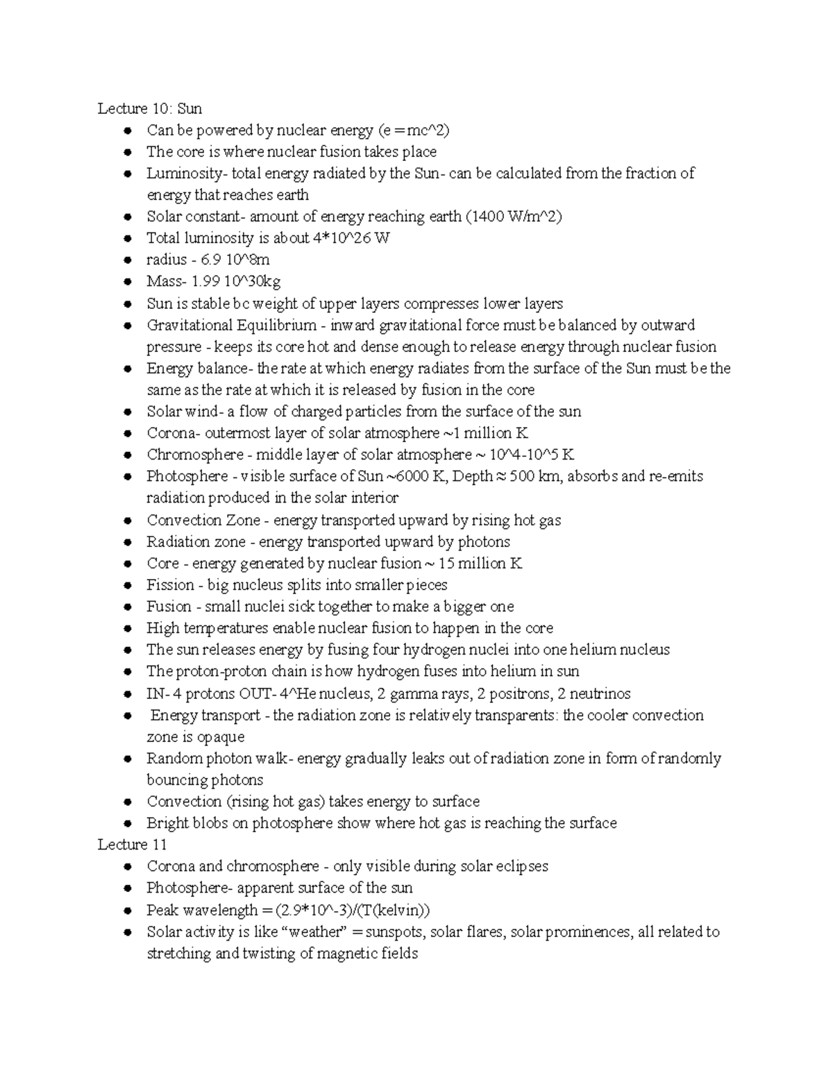 Copy of Astronomy Exam 2 Cheat Sheet - Lecture 10: Sun Can be powered by nuclear energy (e = mc ...