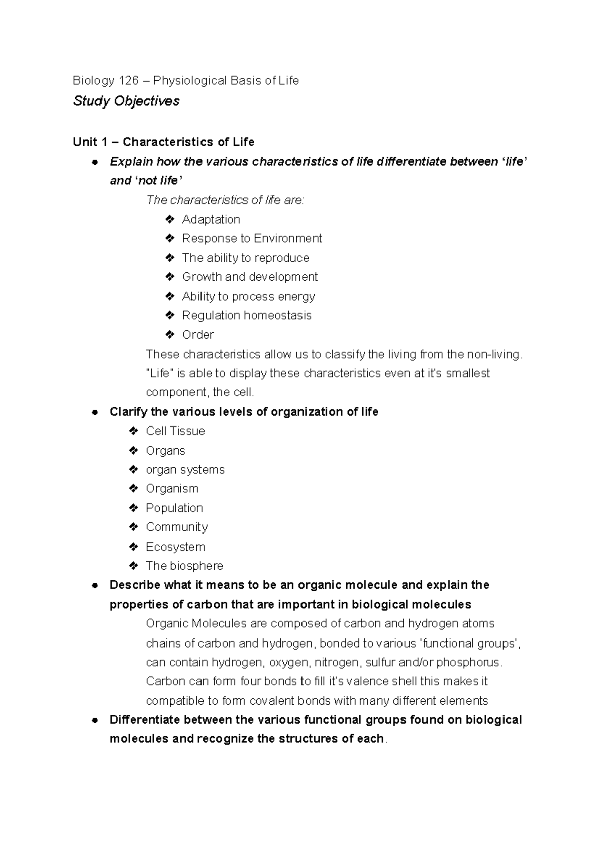 Biology 126 – Physiological Basis of Life unit 1-5 - Biology 126 ...