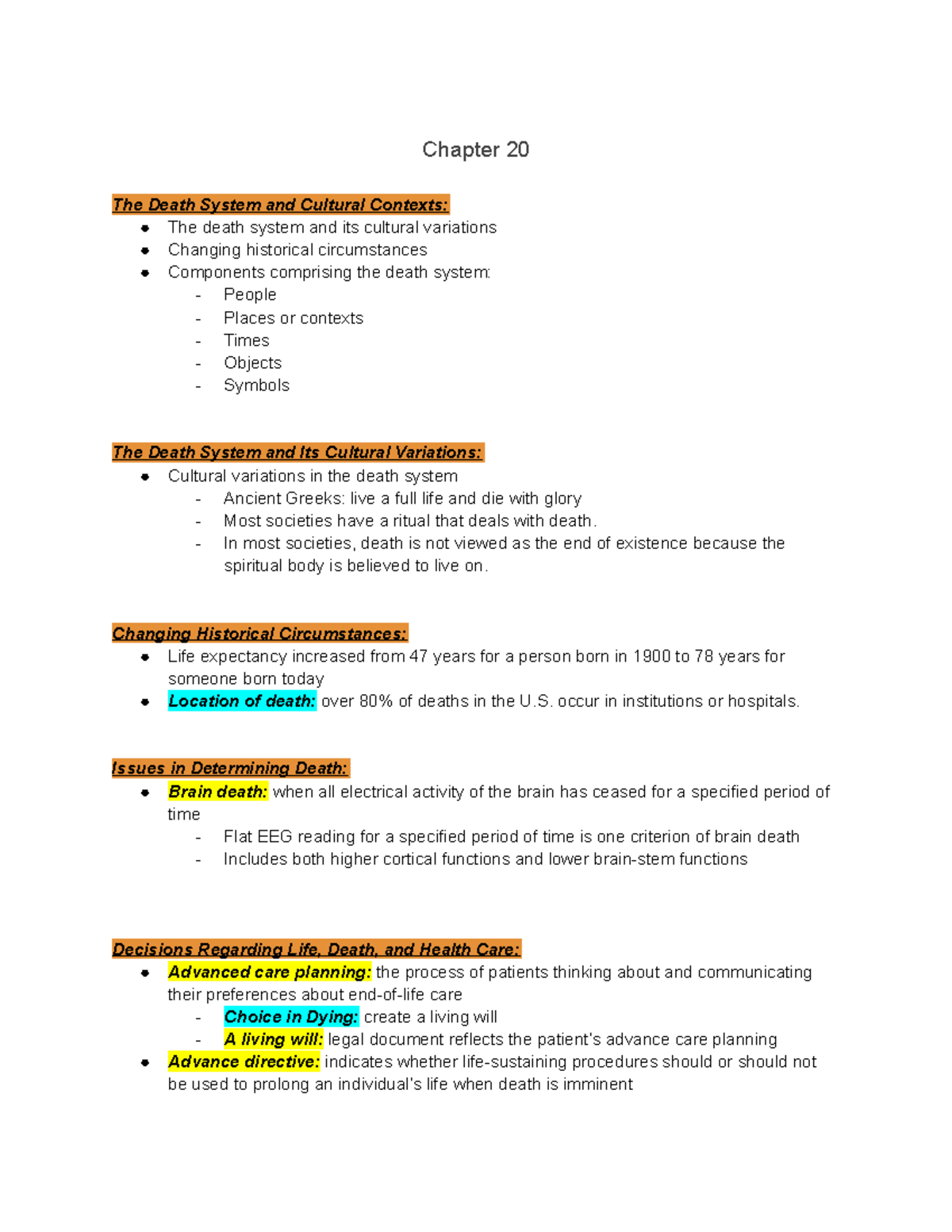 Psych 208 Endings Notes - Chapter 20 The Death System and Cultural ...