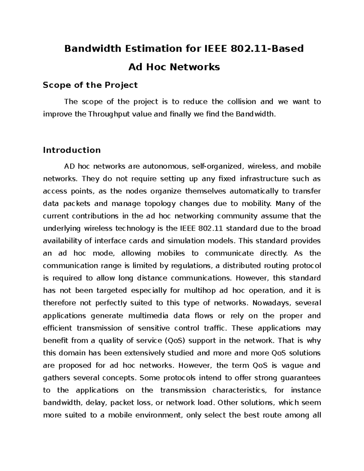 Bandwidth Estimation For Ieee 802 Bandwidth Estimation For Ad Hoc