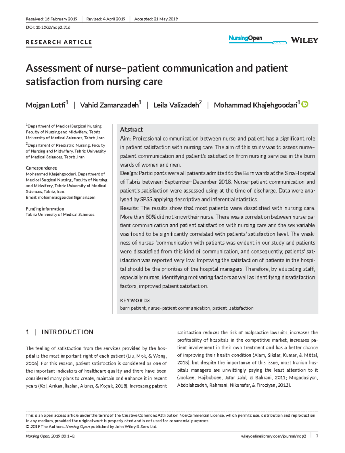 Assessment of nurse-patient communication and pati - Nursing Open. 2019 ...