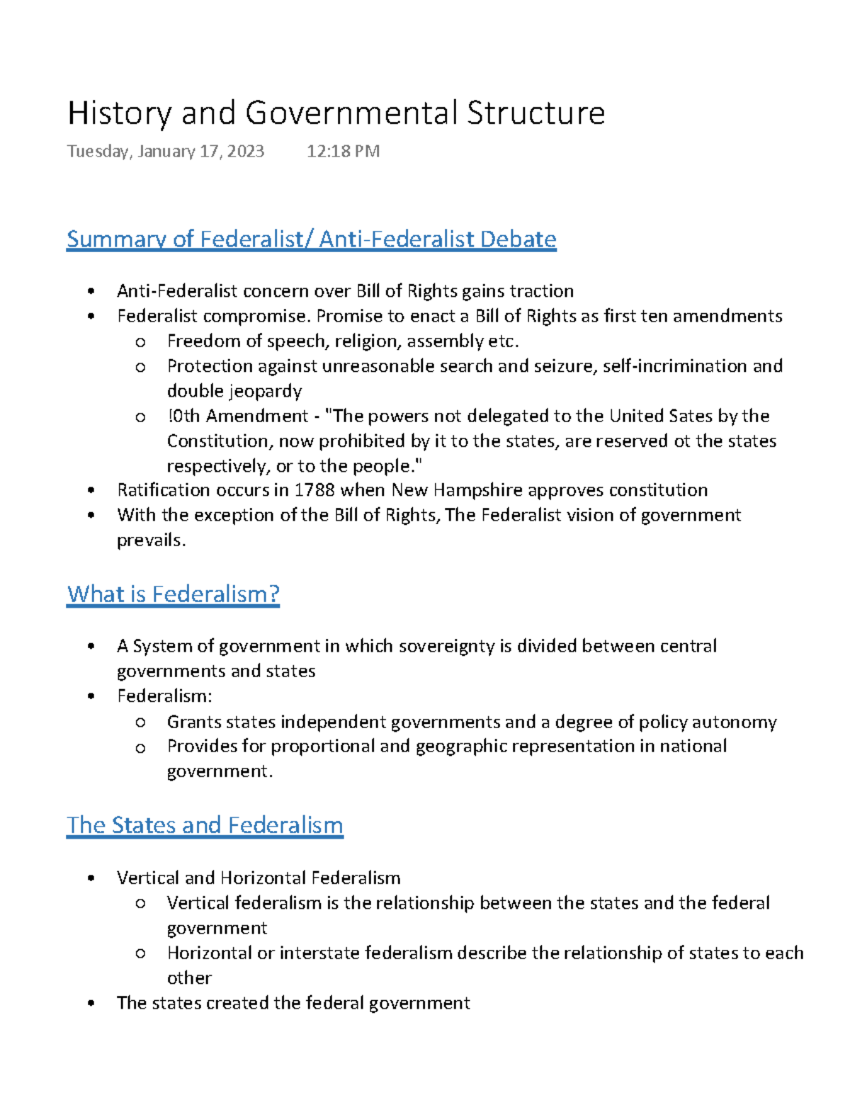 History and Governmental Structure - Summary of Federalist/ Anti ...