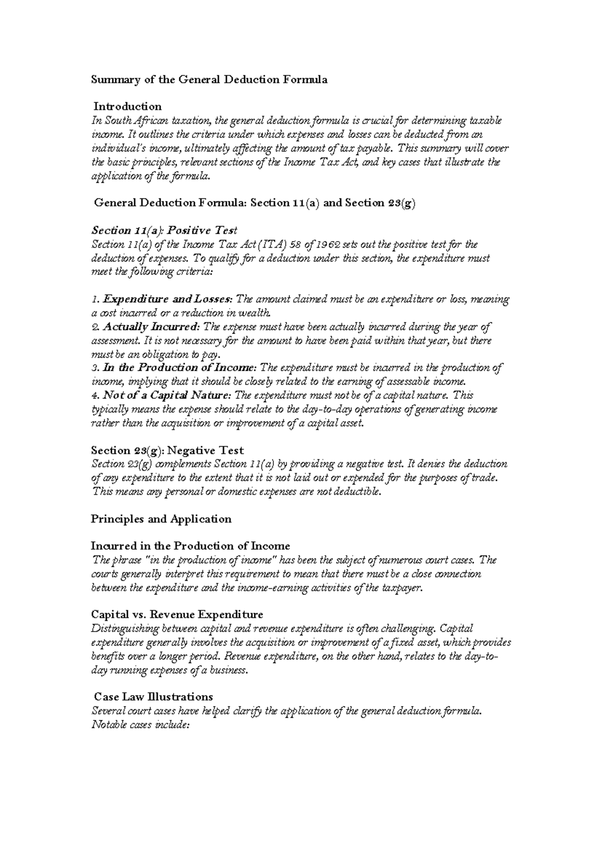 Summary of the General Deduction Formula - Summary of the General ...