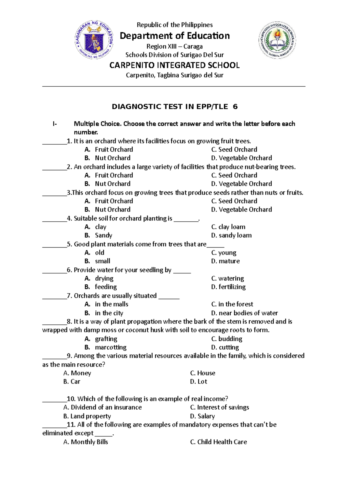 Diagnostic in TLE - Republic of the Philippines Department of Education ...