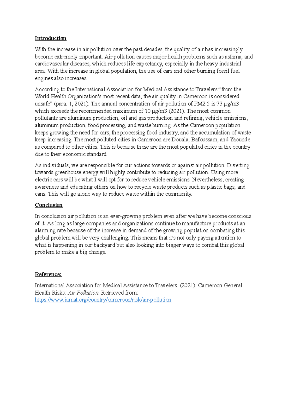 ENVS Writing Assignment Unit 6 - Introduction With the increase in air pollution over the past ...