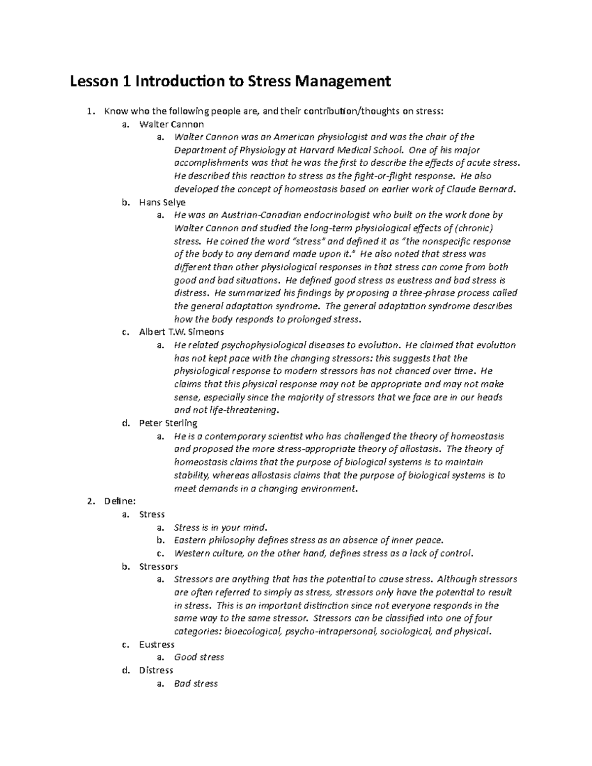 Lesson 1 Study Guide - Lesson 1 Introduction to Stress Management 1 ...