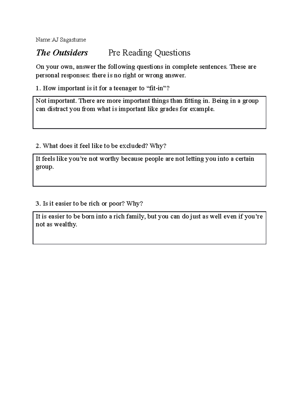 The Outsiders - Lecture notes 10 - Name:AJ Sagastume The Outsiders Pre ...