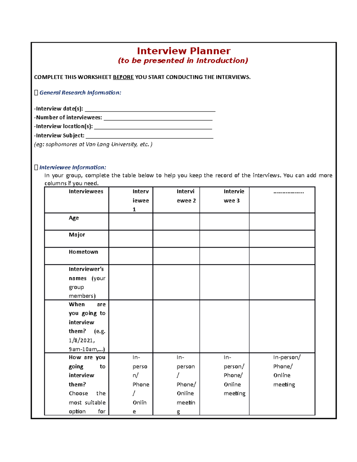 Interview Planner - Interview Planner (to be presented in Introduction ...