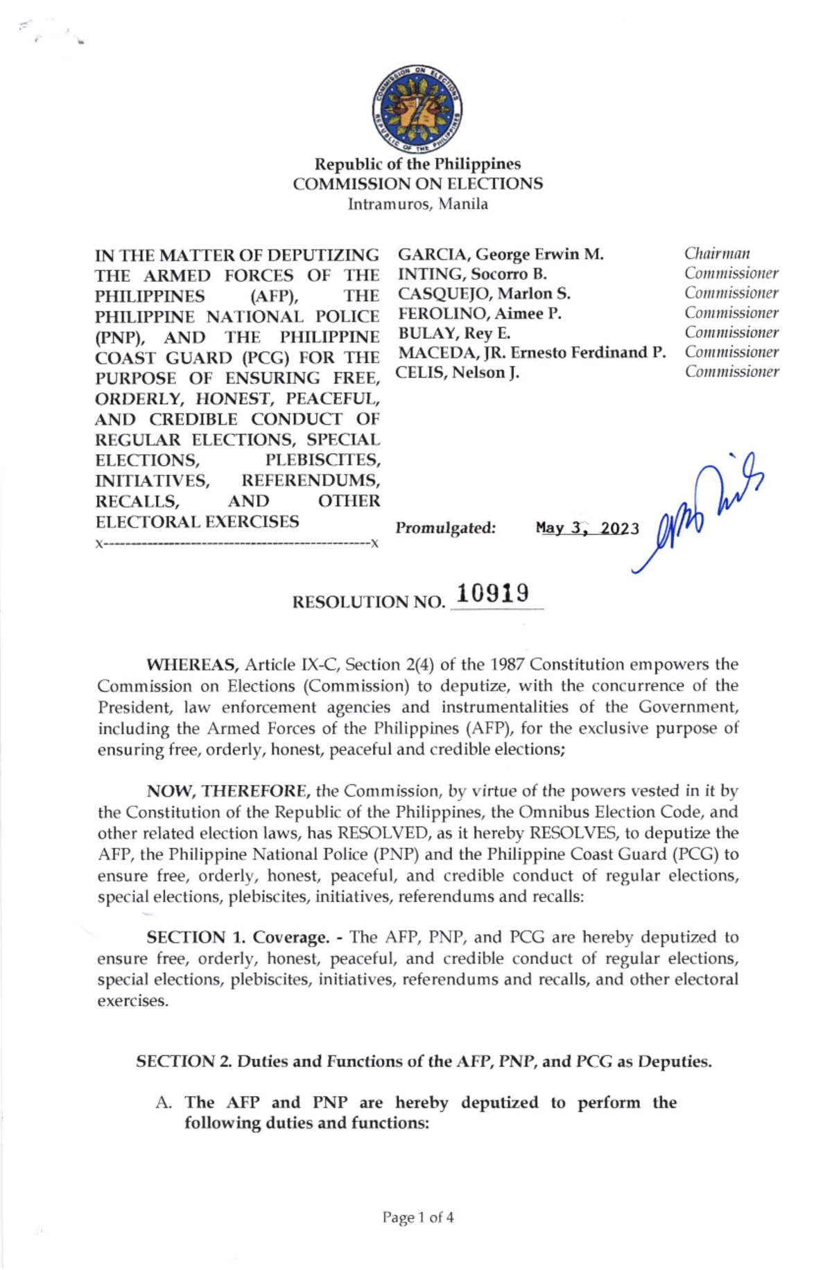 Com res 10919 - Comelec resolution - IN THE MATTER OF DEPUTIZING THE ...