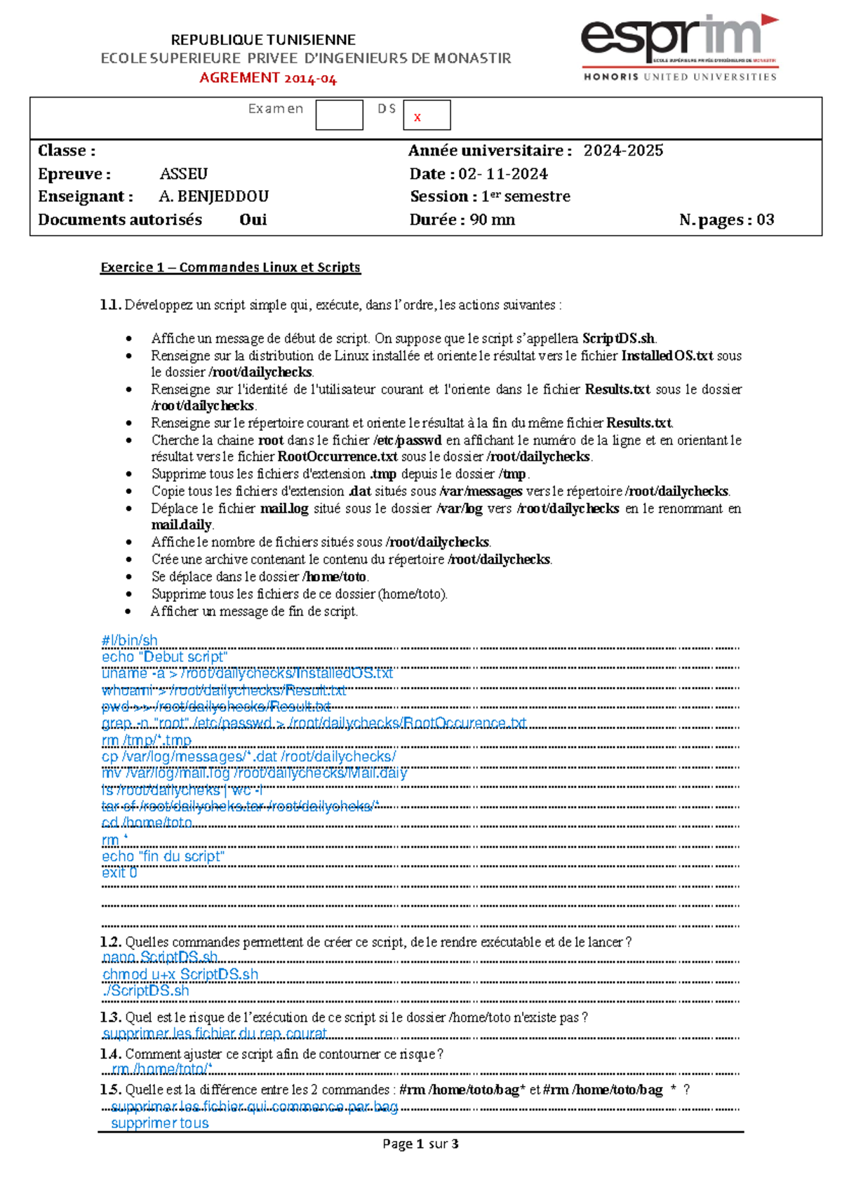 DS- Asseu-Esprim - zergfhf - REPUBLIQUE TUNISIENNE ECOLE SUPERIEURE ...