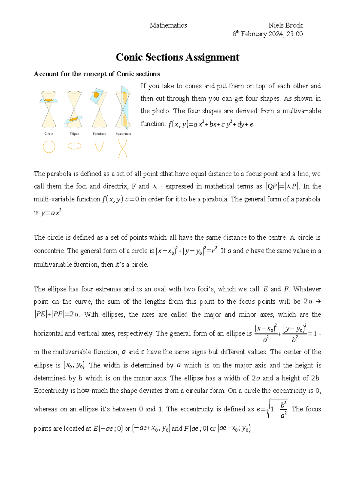 Conic Sections Assignment - 8 th February 2024, 23: Conic Sections Assignment Account for the ...