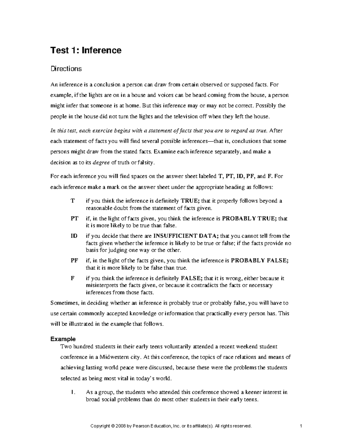 Watson Glaser PDF - Test 1: Inference Directions An inference is a ...