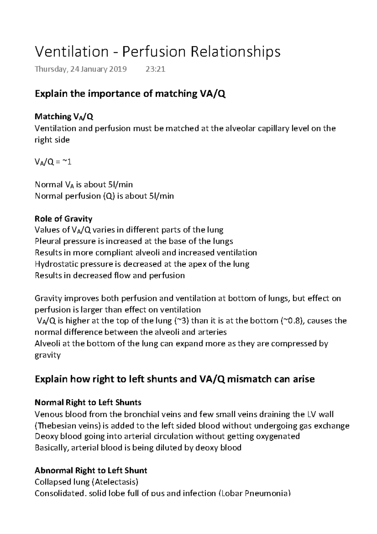 Ventilation - Perfusion Relationships - Explain the importance of ...