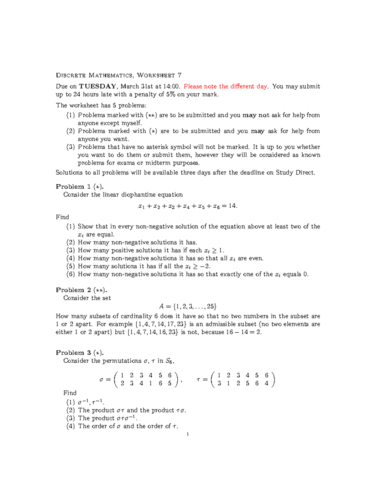 Discrete mathematics worksheet 7 - Discrete Mathematics, Worksheet 7 ...