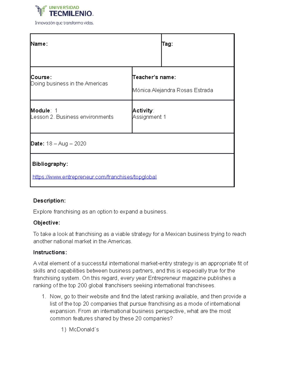 Assignment 1 - Name: Tag: Course: Doing business in the Americas ...