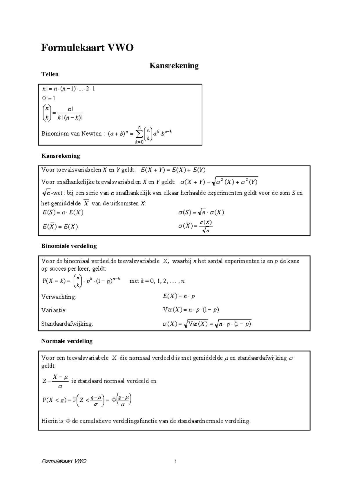 Formulekaart wiskunde A - Formulekaart VWO Kansrekening Tellen nnn ...