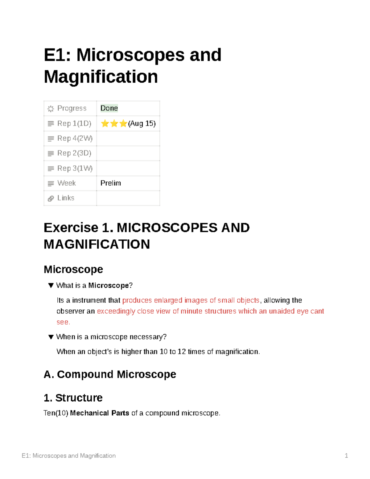 E1 Microscopes and Magnification - E1: Microscopes and Magnification Progress Done Rep 1(1D) ⭐ ...