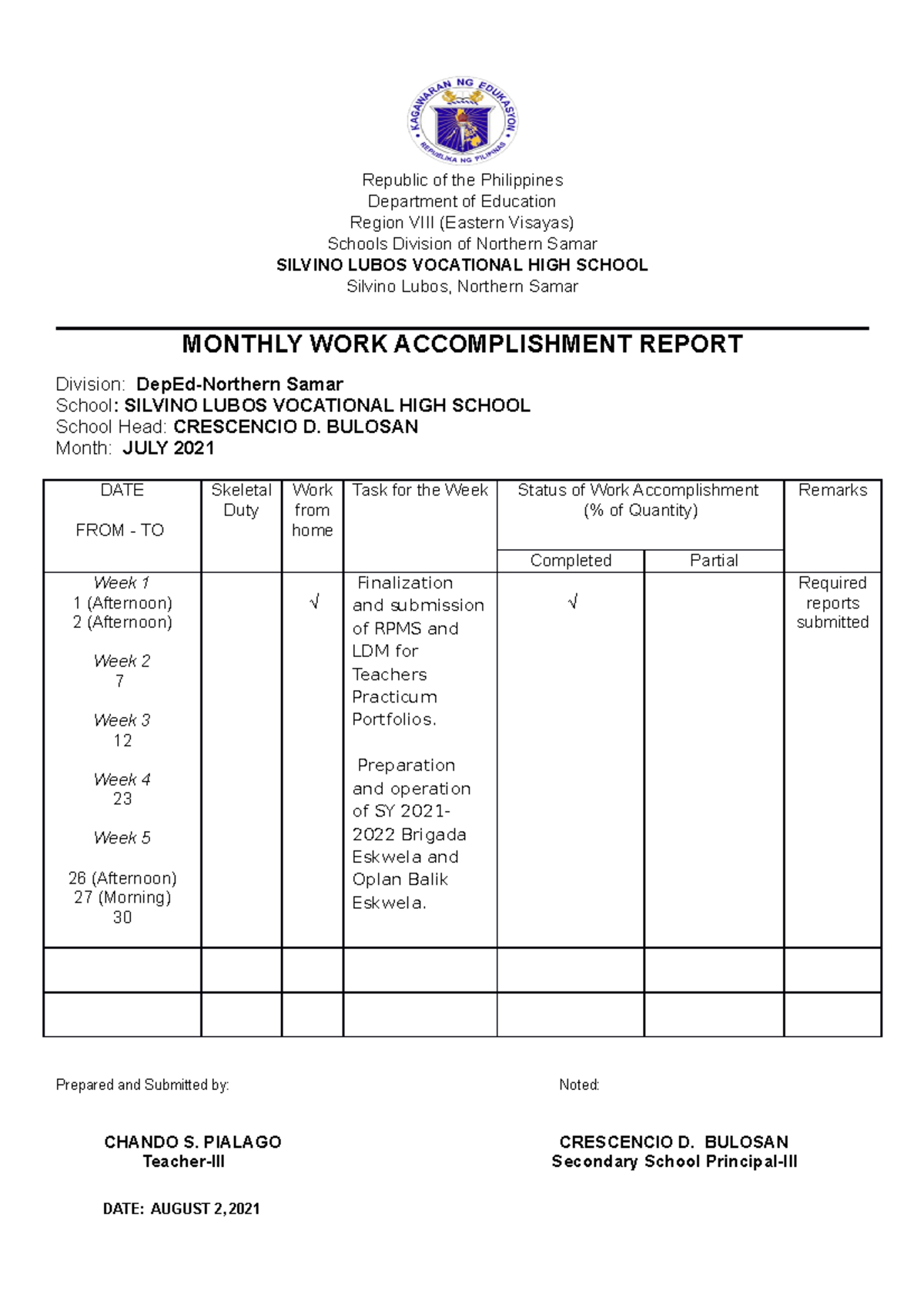 IWAR - Accomplishment Report - Republic of the Philippines Department ...