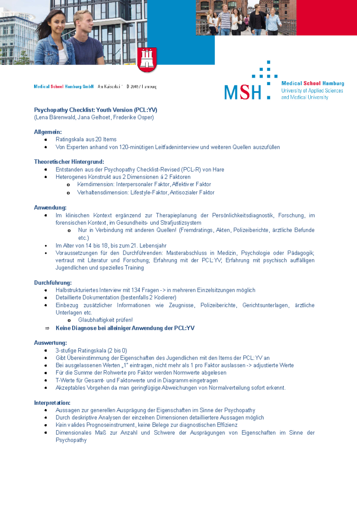 Referat Handout PCL-YV - Psychopathy Checklist: Youth Version (PCL:YV ...