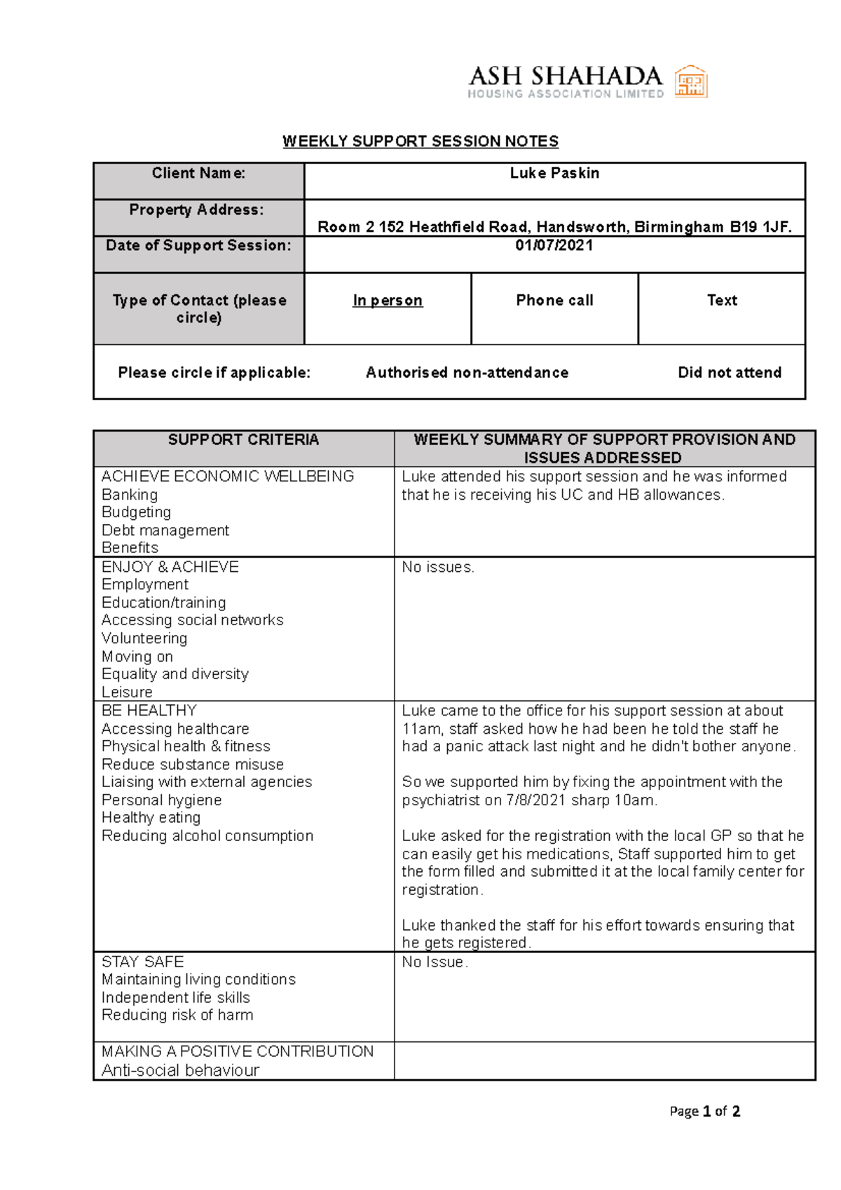 Support Session Notes -Luke Paskin - 01-07-2021 - WEEKLY SUPPORT ...