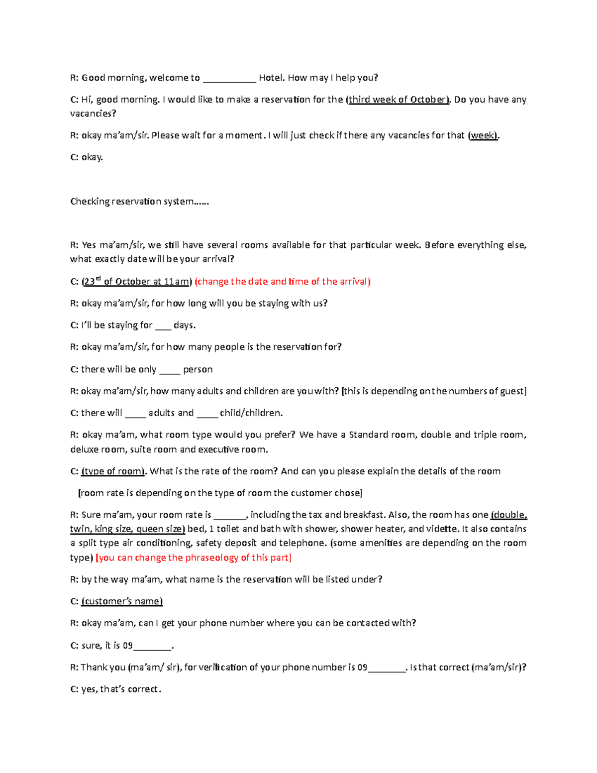 Reservation script - R: Good morning, welcome to __________ Hotel. How ...