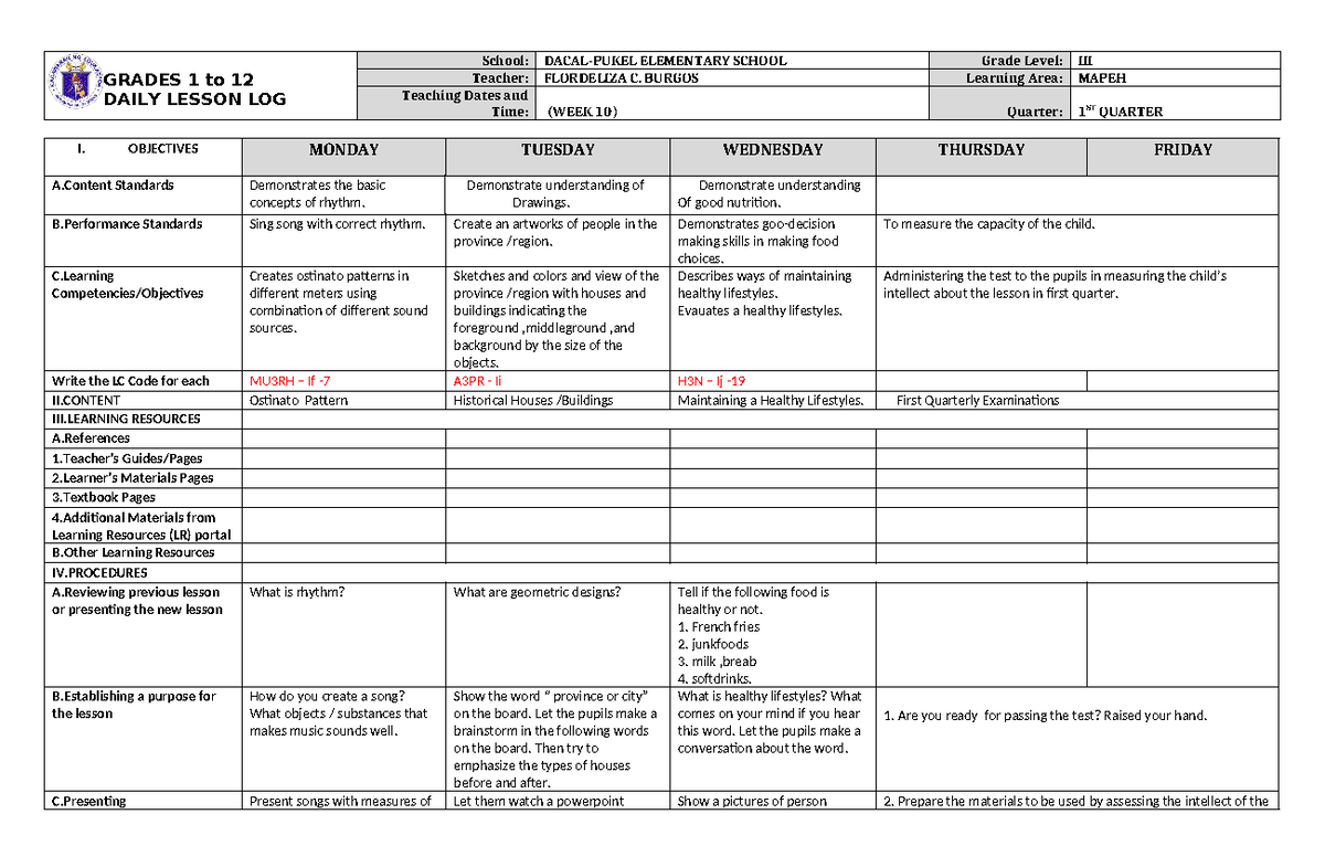 Q1 W10 - for lecture - GRADES 1 to 12 DAILY LESSON LOG School: DACAL ...