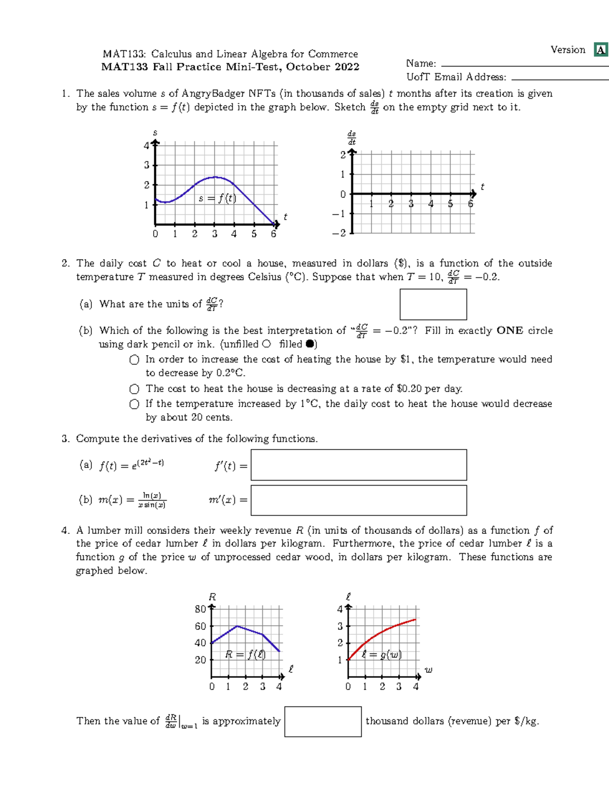 Fall mini test practice - MAT133: Calculus and Linear Algebra for ...