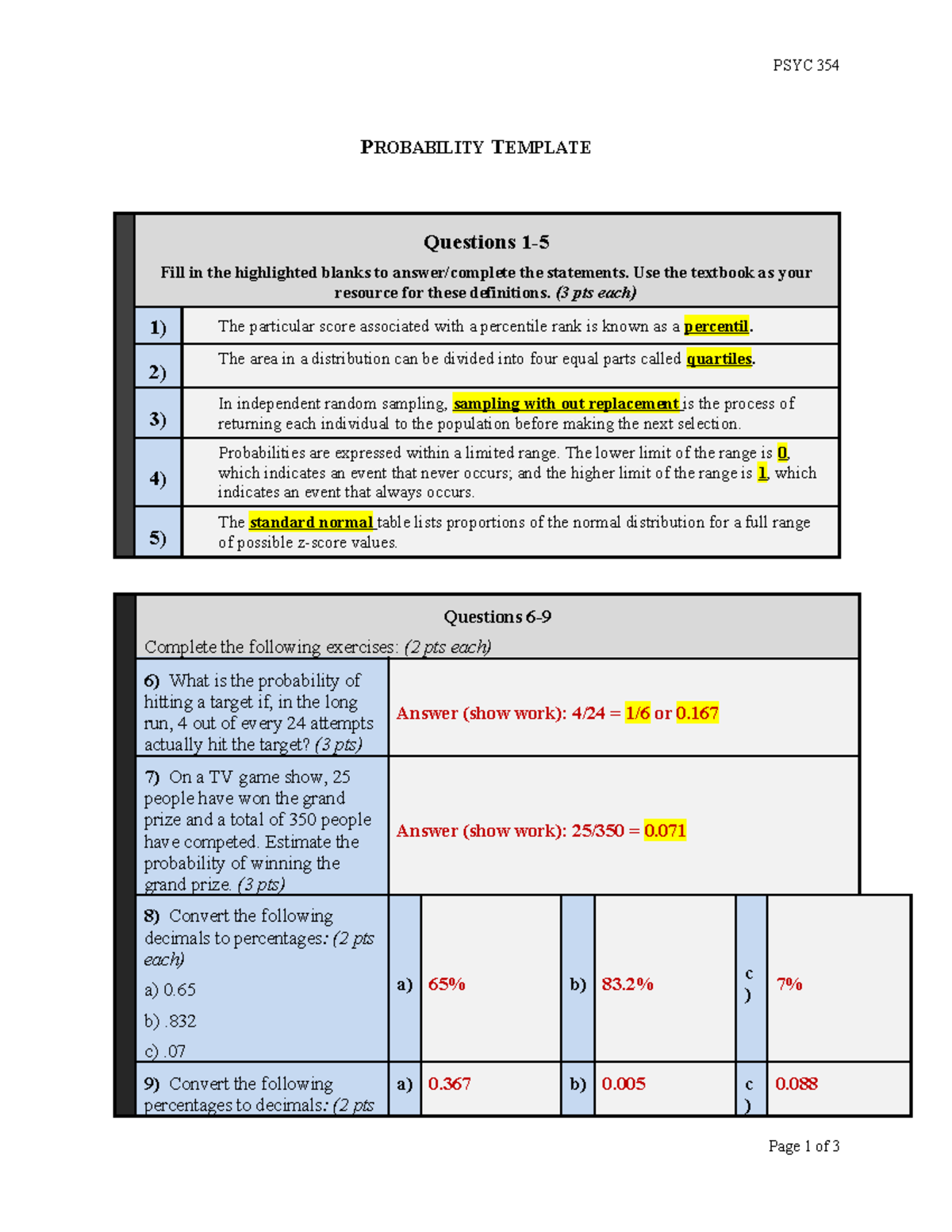 Probability Template - good - PSYC 354 PROBABILITY TEMPLATE Questions 1 ...
