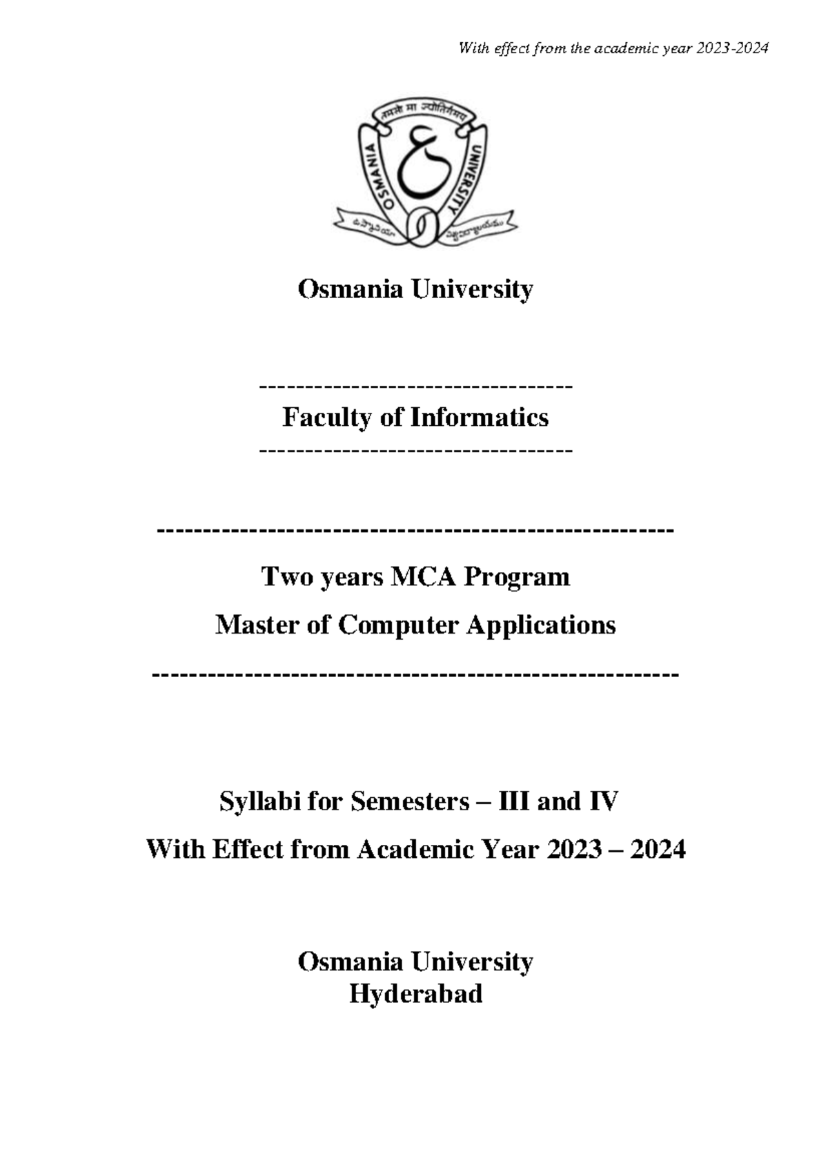MCA-OU Syllabus III & IV Sem 2023-24 - With effect from the academic ...