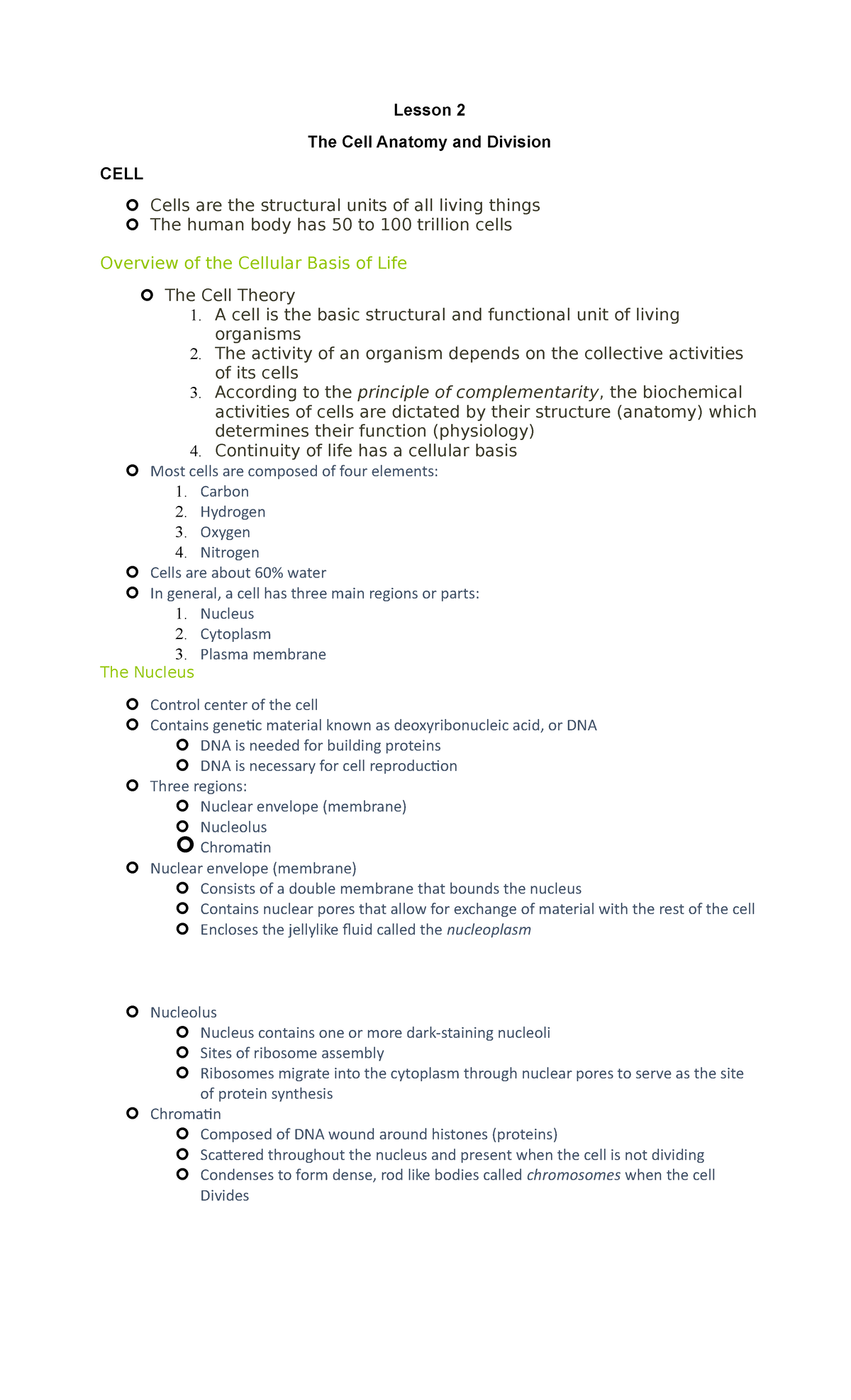 Cell Structure lecture notes - Lesson 2 The Cell Anatomy and Division ...