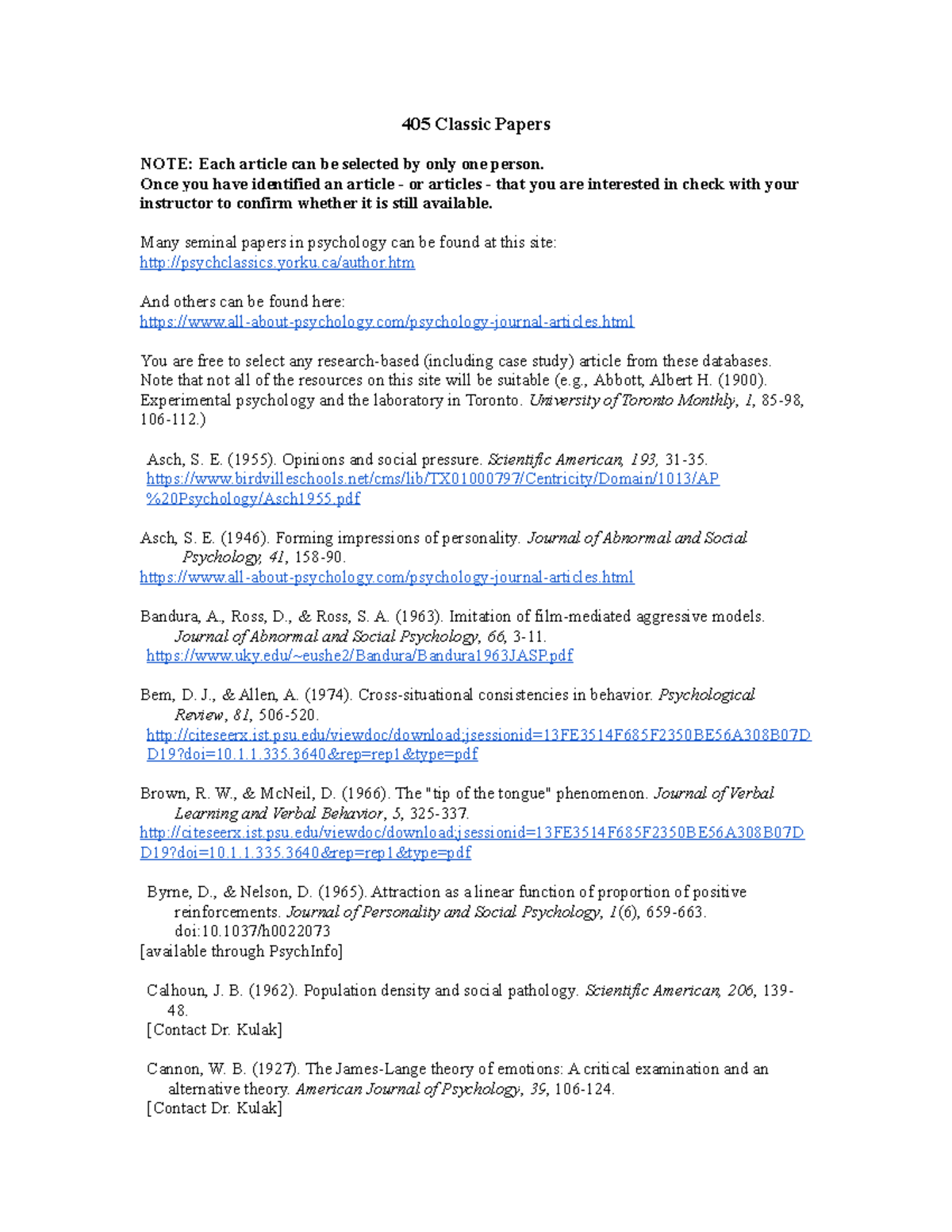 405 Classic Papers - notes - NOTE: Each article can be selected by only ...