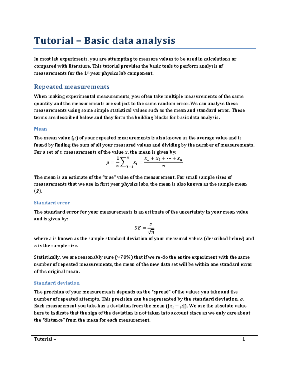 Lab 1 Tutorial Basic Data Analysis Tutorial Basic Data Analysis In Most Lab Experiments