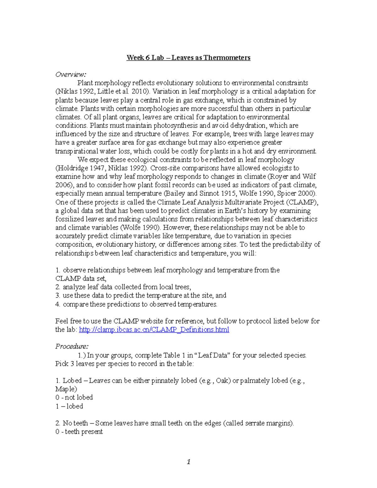 Bio 133 Week 6 Lab – Leaves as Thermometers - Week 6 Lab – Leaves as ...