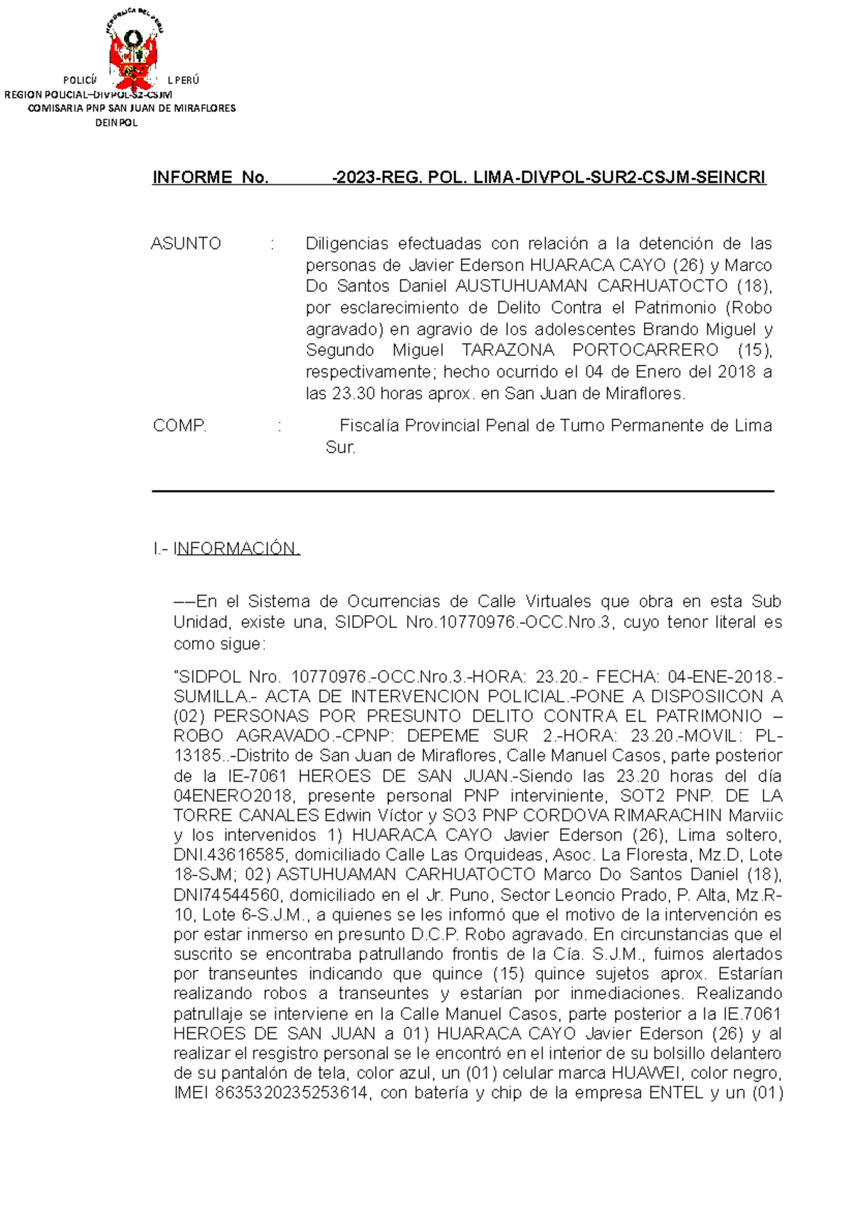 Infor ROBO Agravado 04 ENE 23 - POLICÍA NACIONAL DEL PERÚ REGION ...