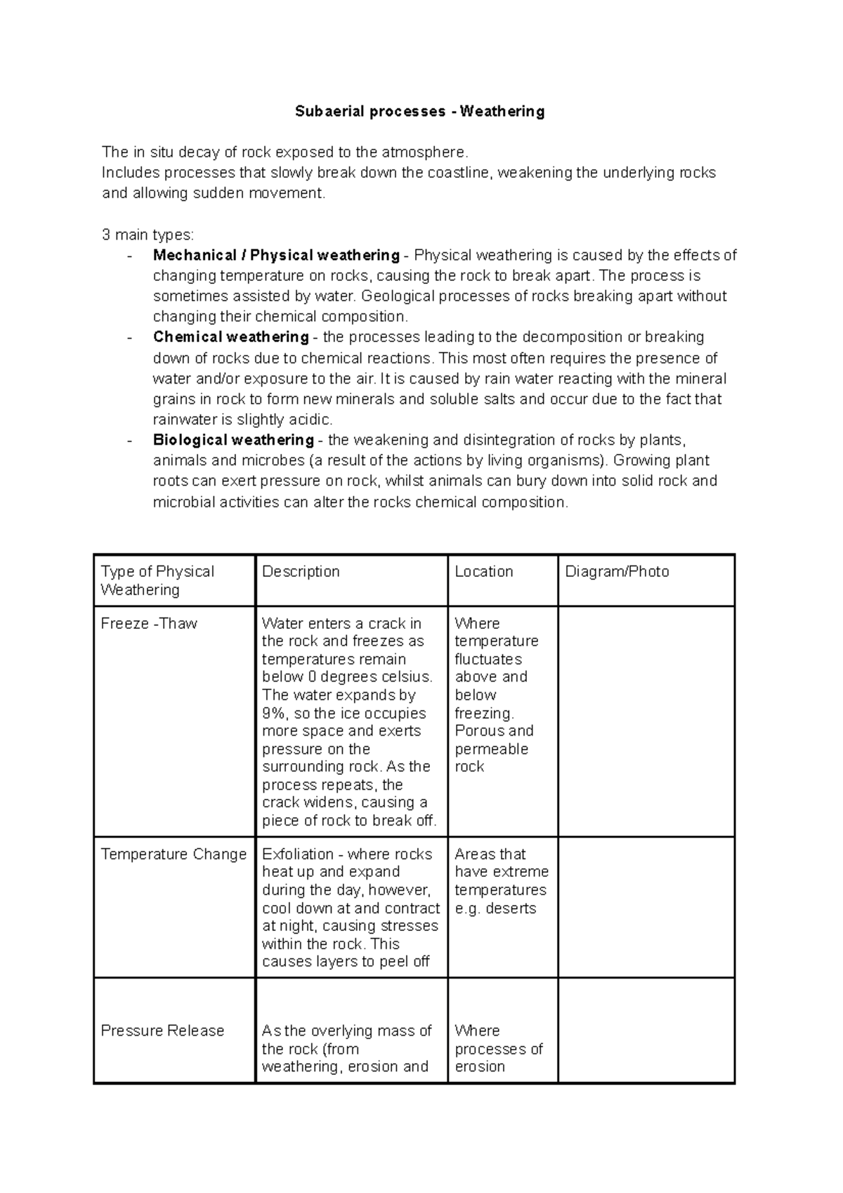 Subaerial processes - Weathering - Includes processes that slowly break ...
