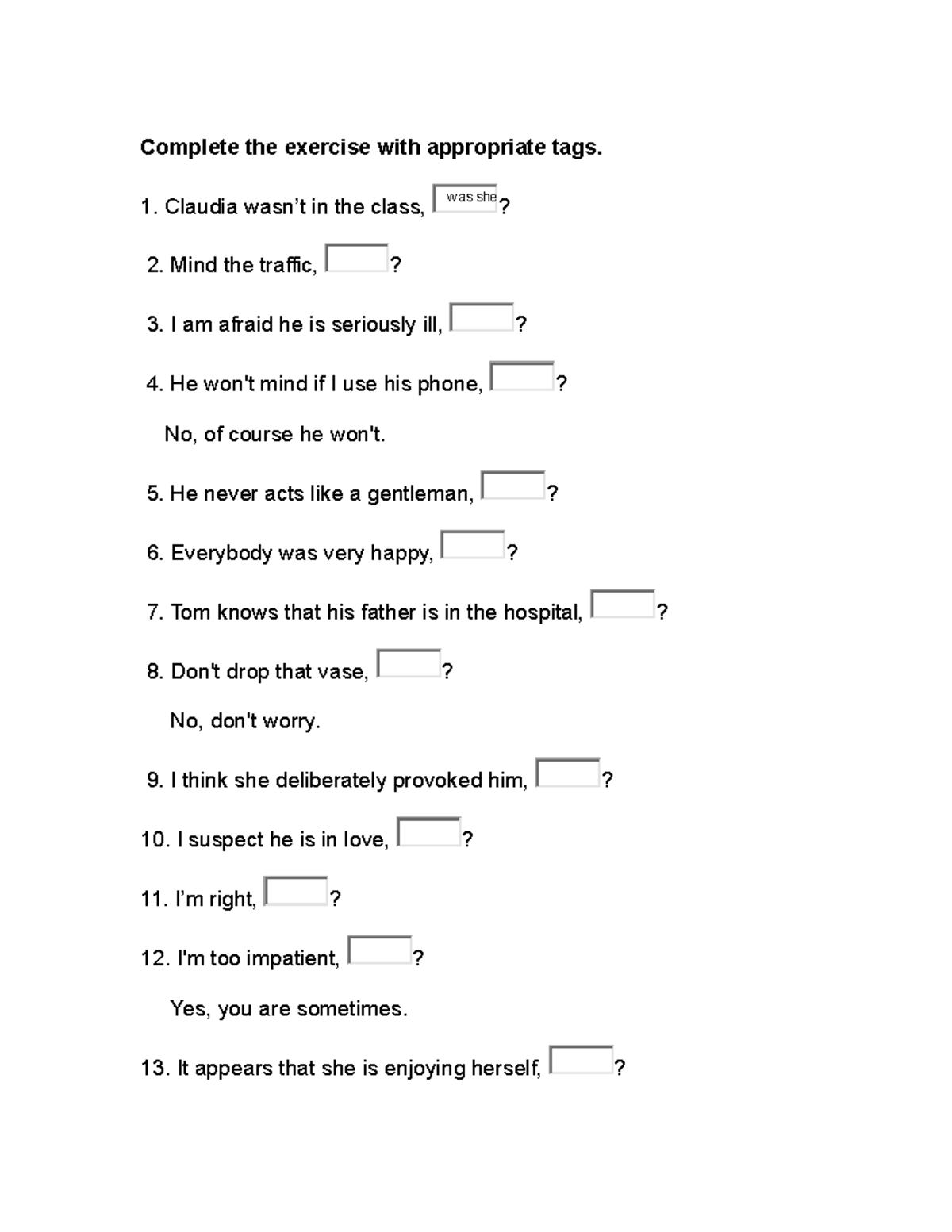 Tag questions for grade 5 - Complete the exercise with appropriate tags ...