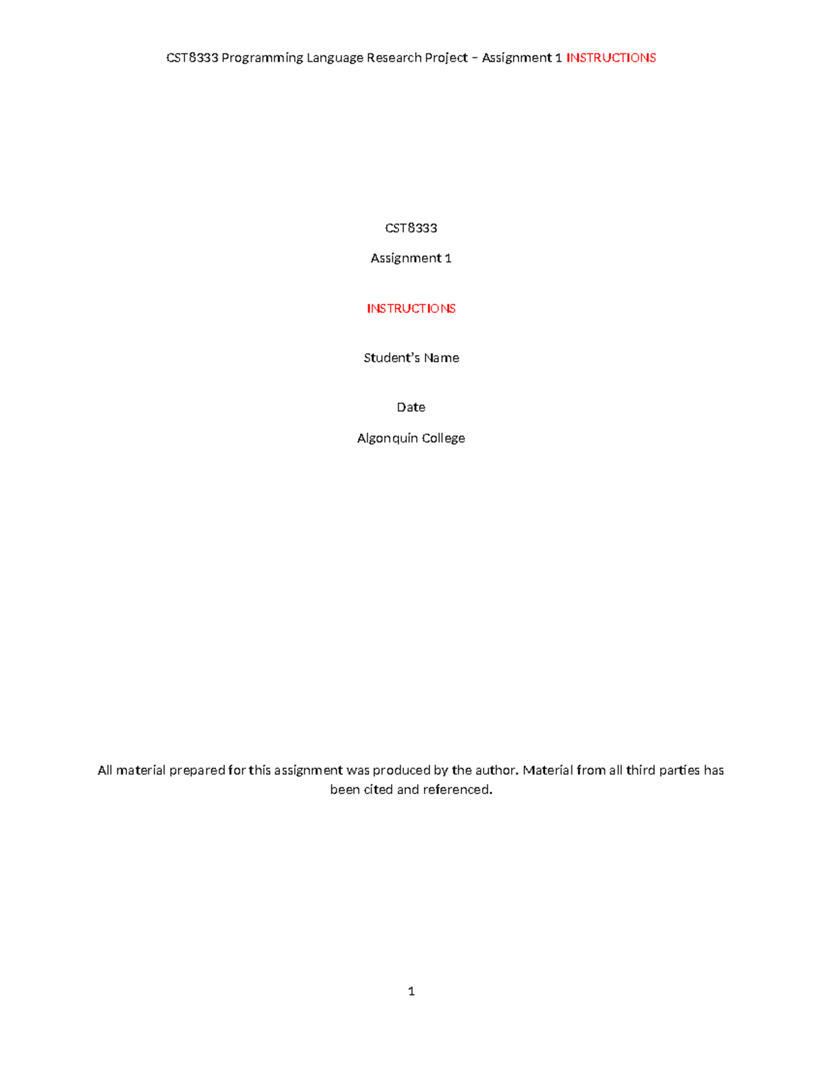 Cst8333 assignment-1 instructions - CST Assignment 1 INSTRUCTIONS Student’s Name Date Algonquin ...