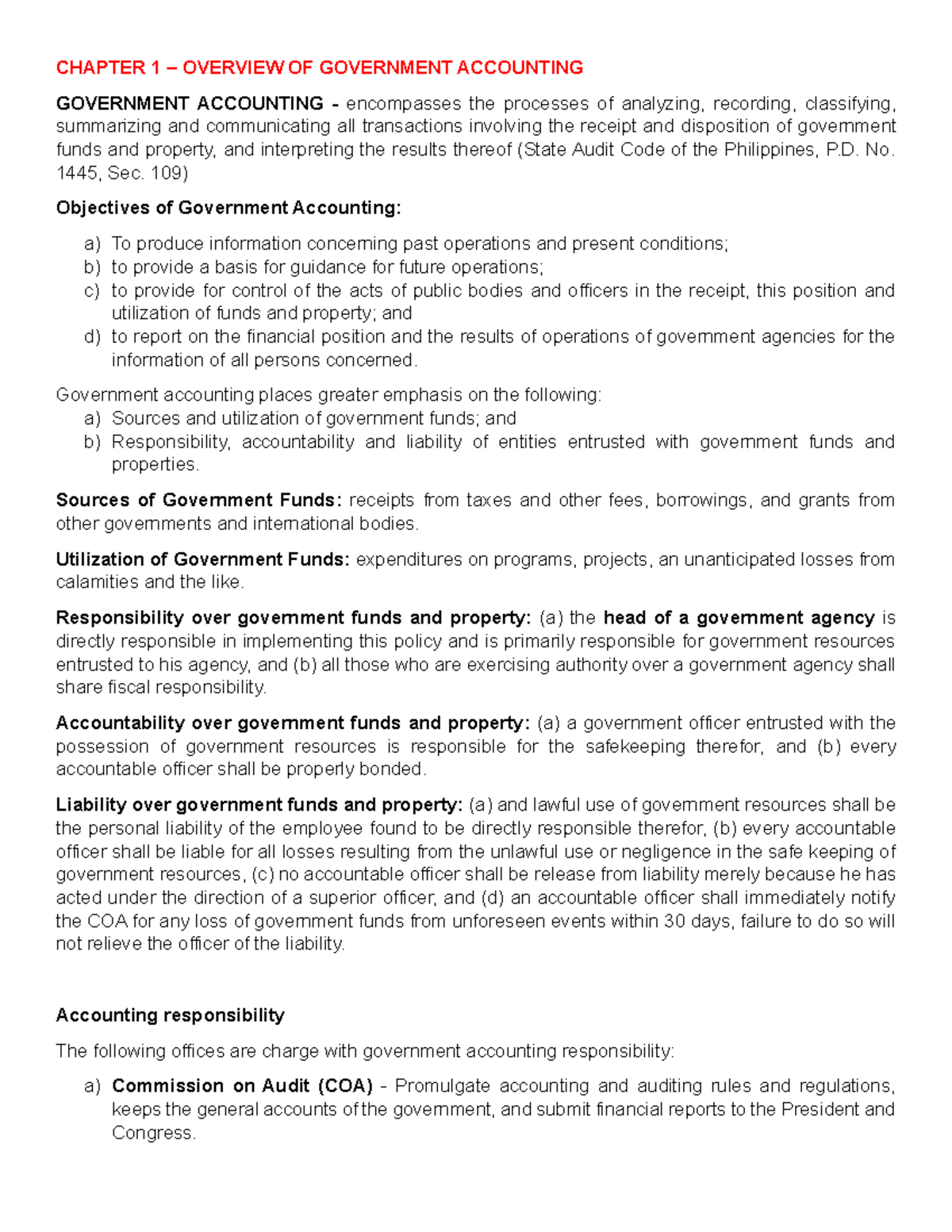 Government Accounting Chapter 1 and 2 Summary - CHAPTER 1 – OVERVIEW OF ...