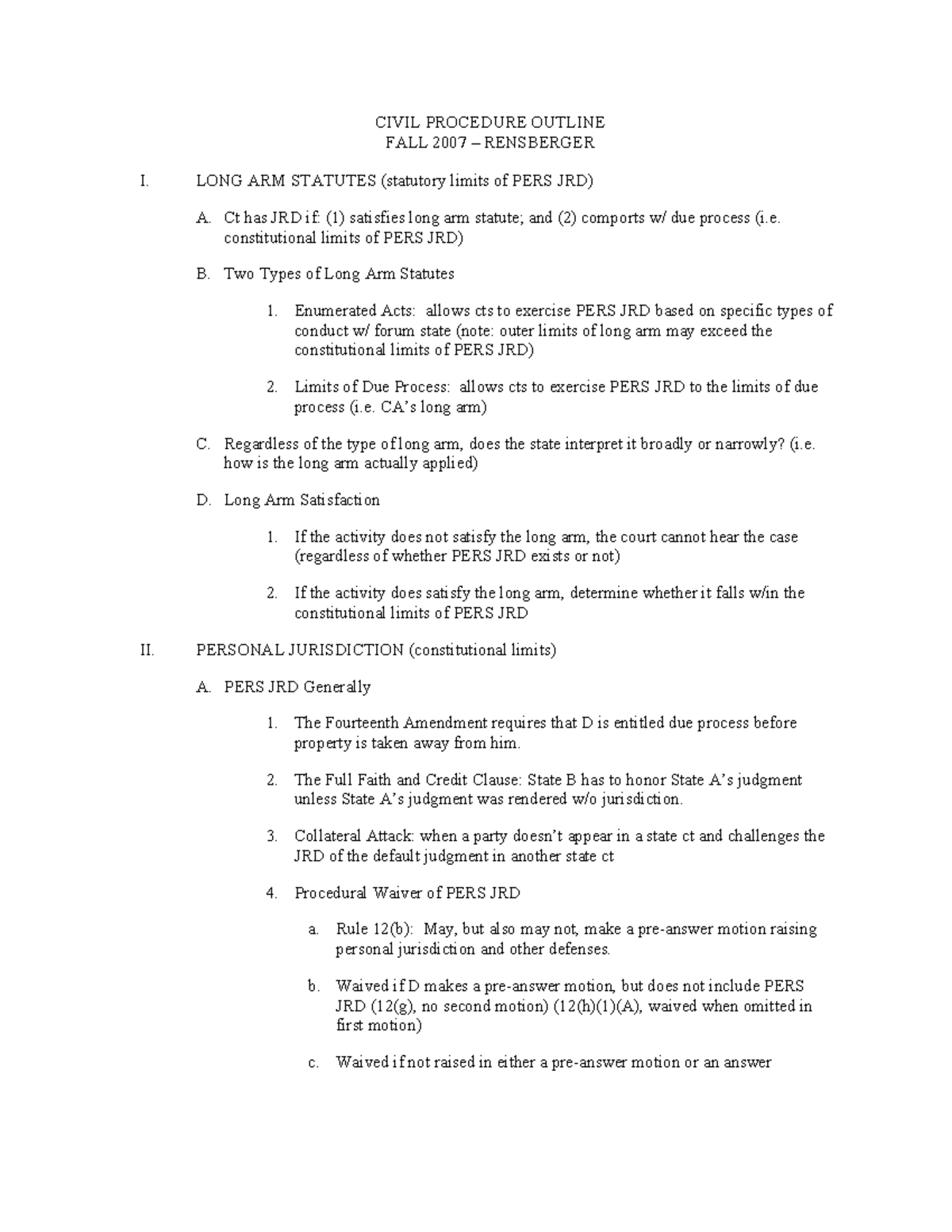 Civ Pro Outline 2007 - CIVIL PROCEDURE OUTLINE FALL 2007 – RENSBERGER I ...