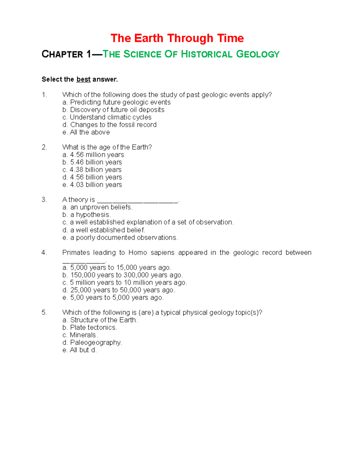 Ch01 The Science of Historical Geology Test - The Earth Through Time ...