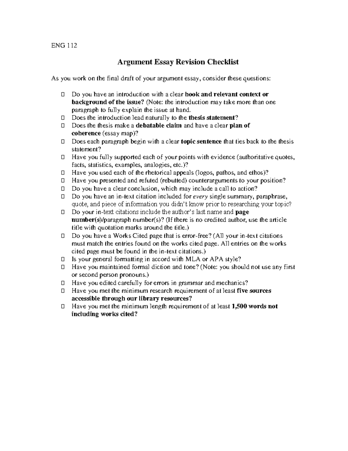 Argument Essay Revision Checklist - ฀ Does the introduction lead ...