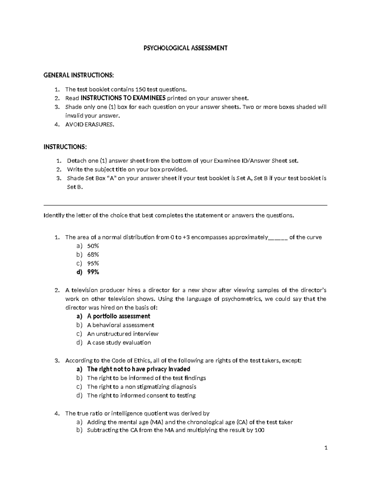 Psychological assessment answered drills free. Take time to answer the ...