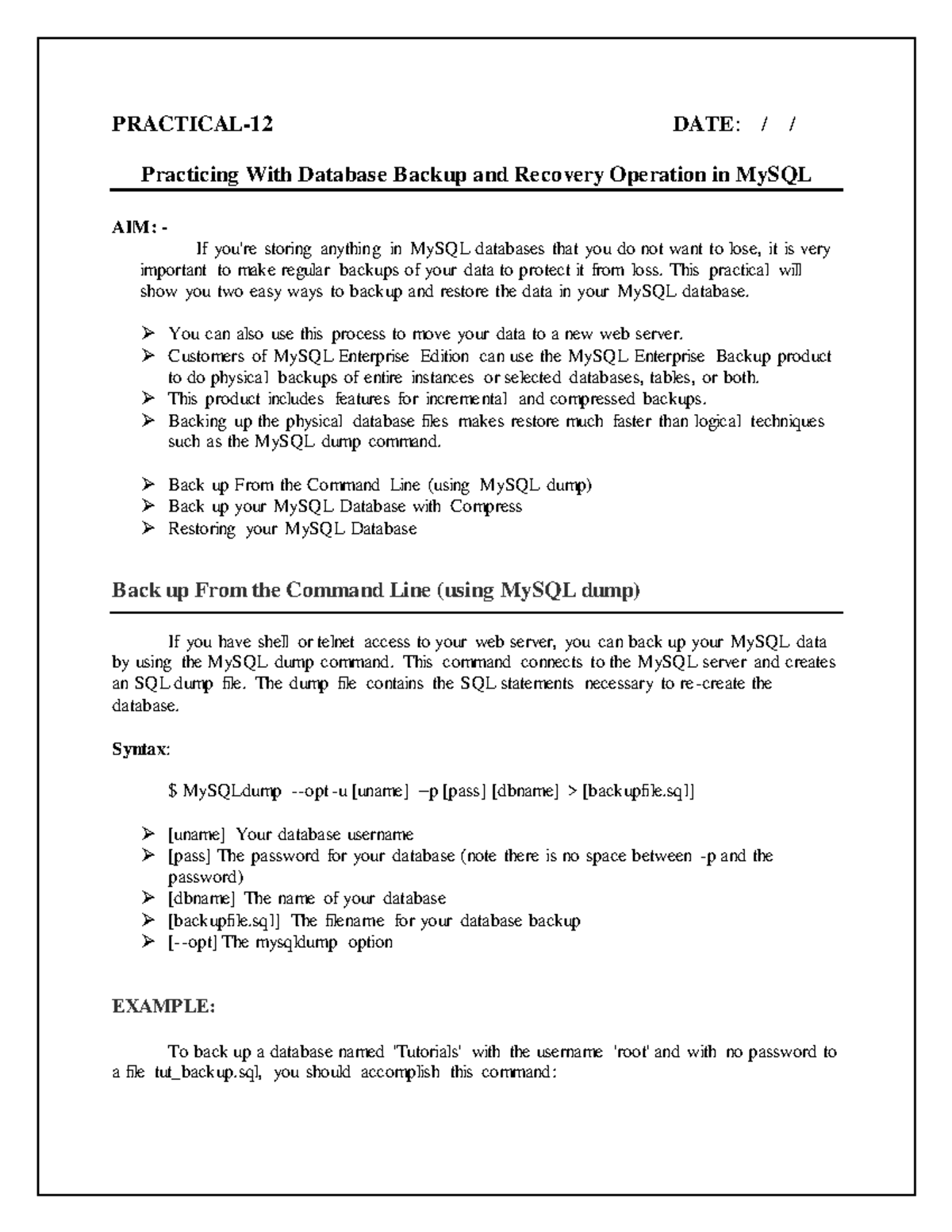 Practical 12 Backup AND Recovery Operation IN Mysql - PRACTICAL-12 DATE ...