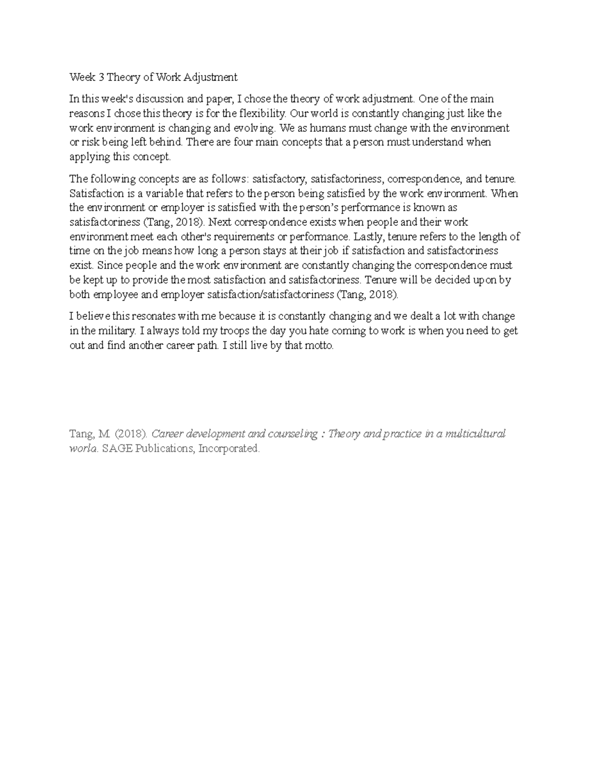 Discussion week three theory of work adjustment - Week 3 Theory of Work ...