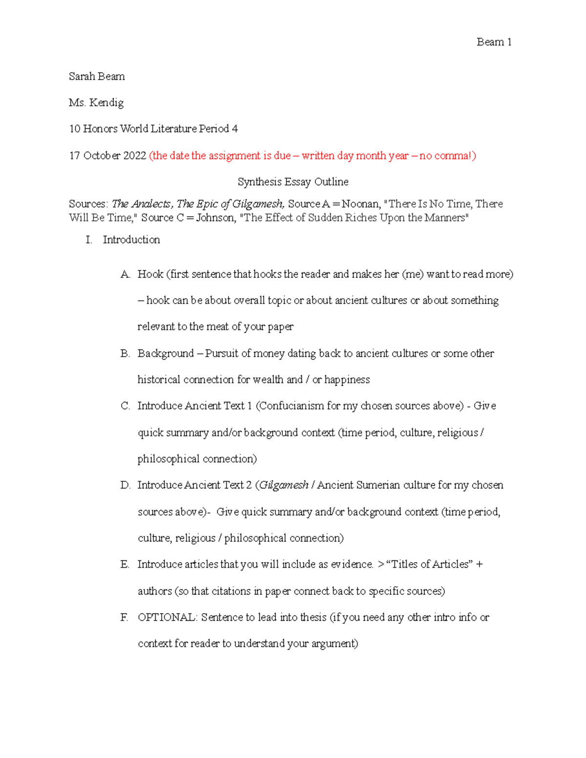 Outline Example with Guided Notes - Sarah Beam Ms. Kendig 10 Honors ...