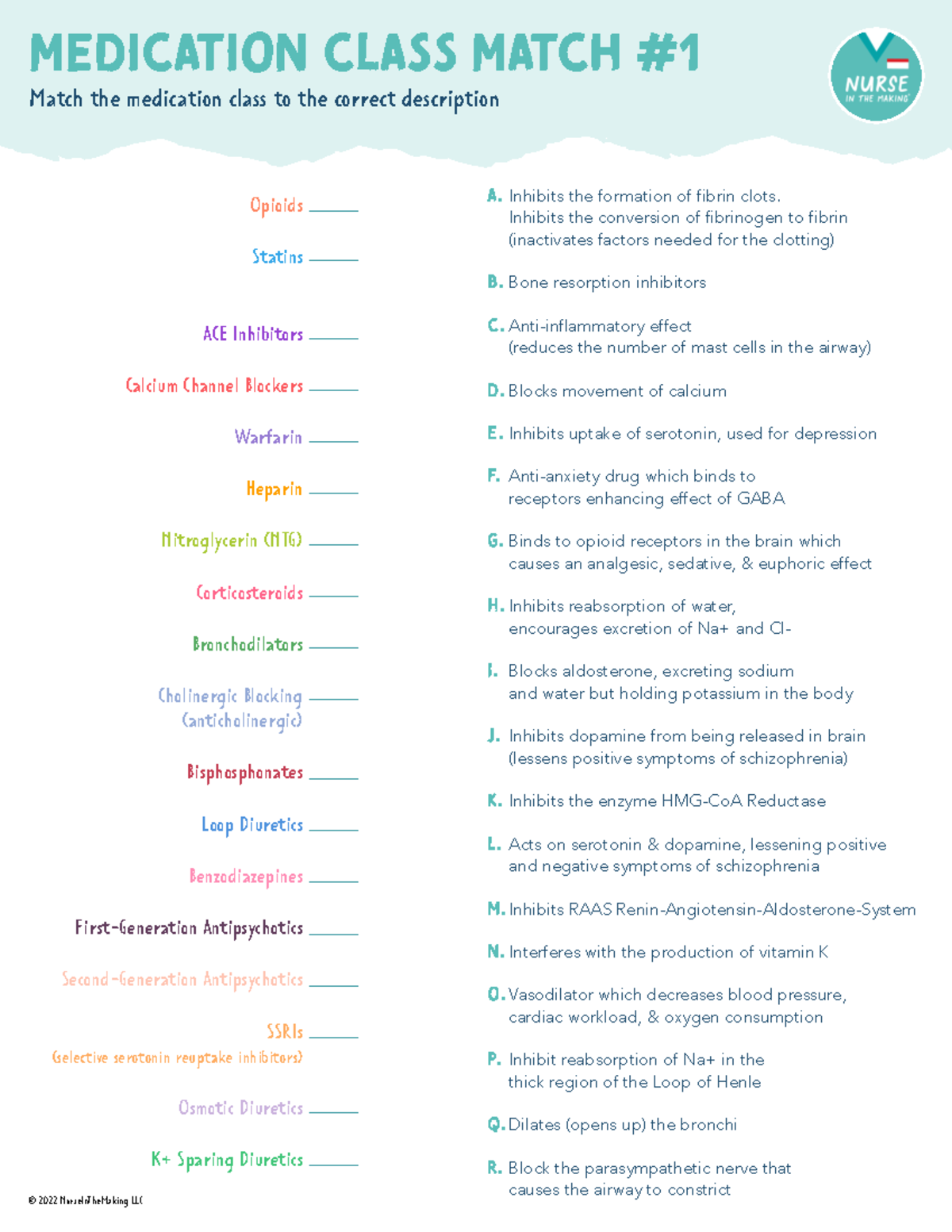Pharm - Notes - Medication Class Match Match the medication class to ...