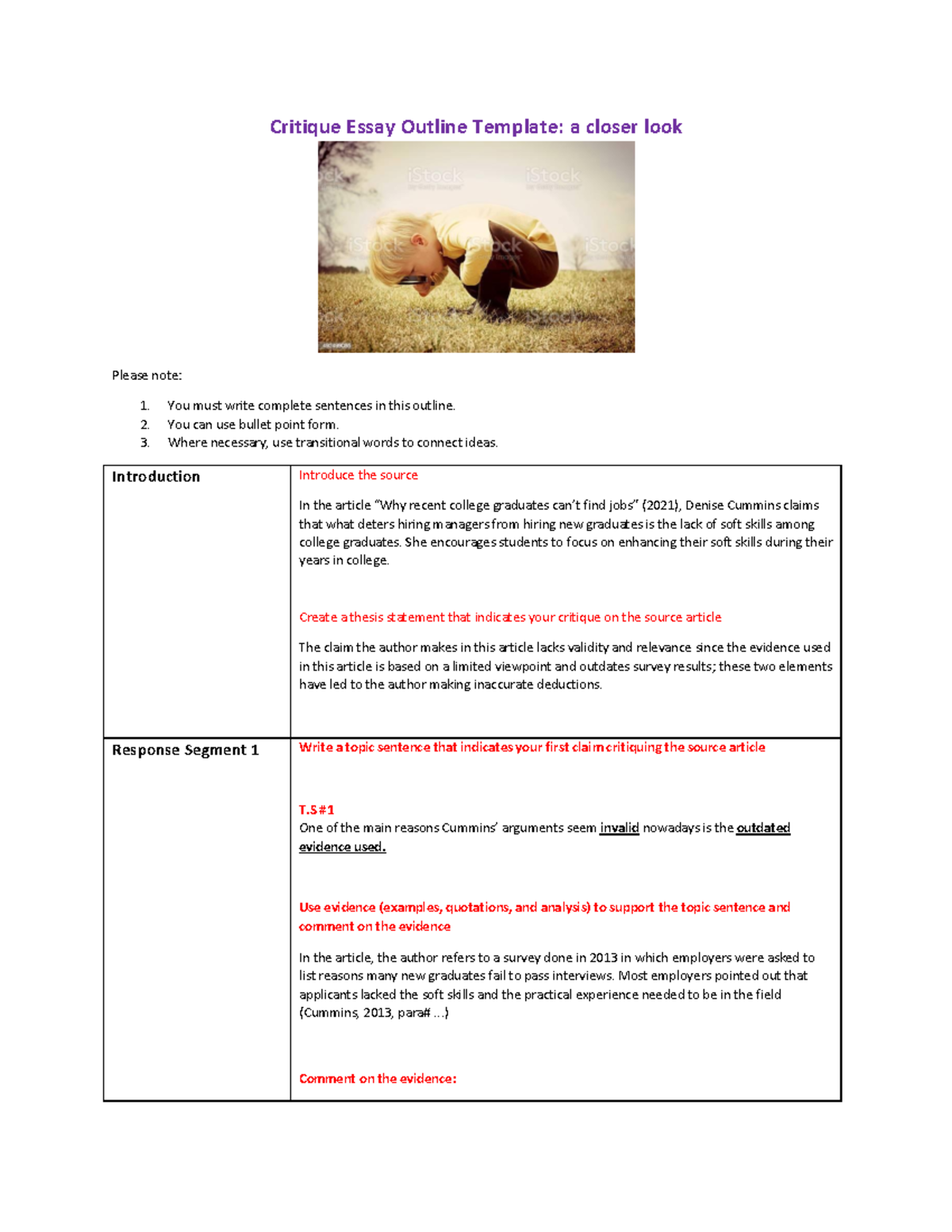 Sample Short-Outline-Critique Essay - Critique Essay Outline Template ...