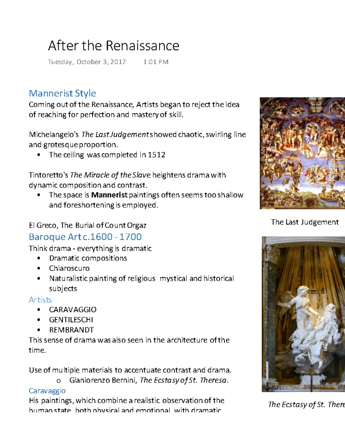 After the Renaissance - Lecture notes Week 5 - After the Renaissance ...