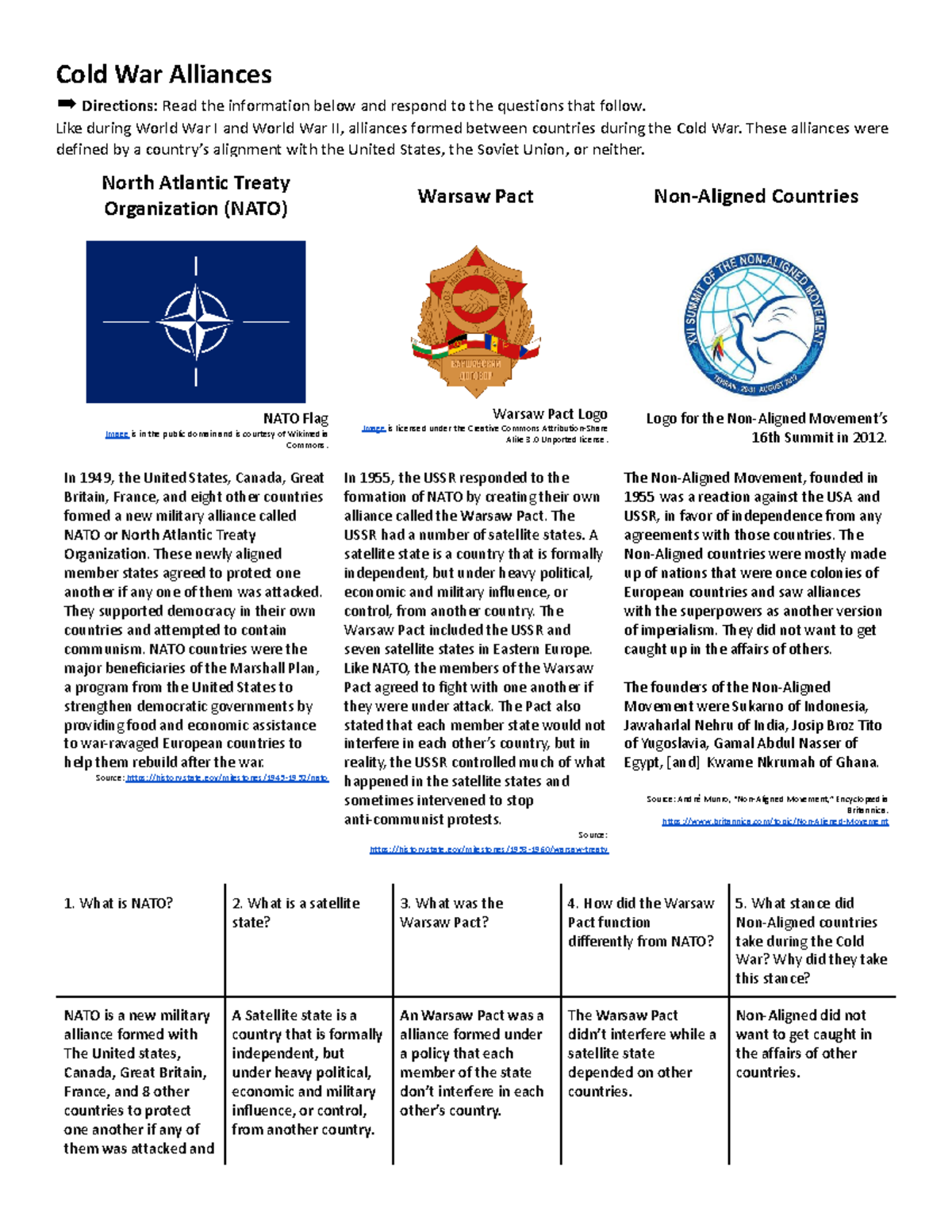 Cold War Alliances - Cold War Alliances Directions: Read the ...